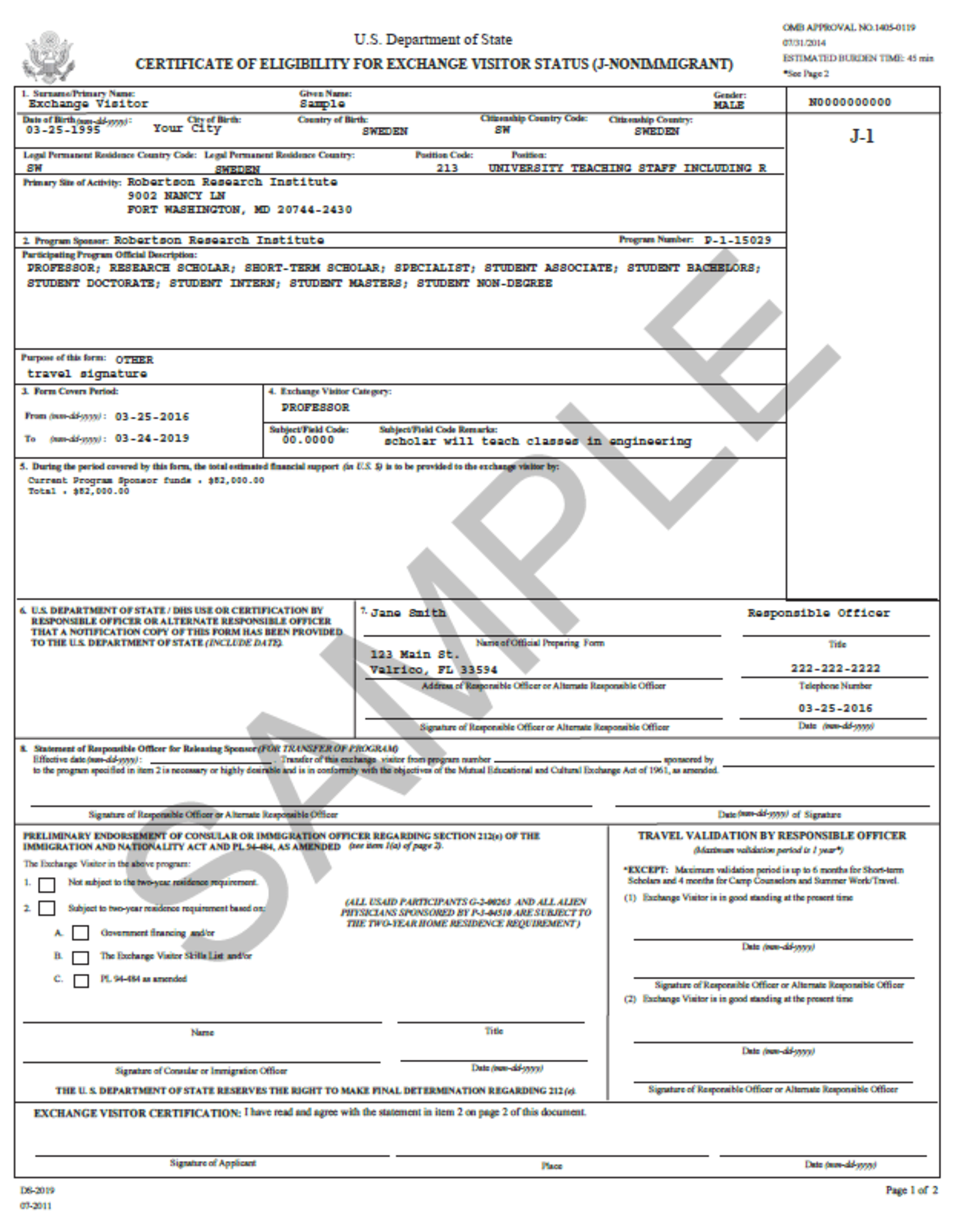 Form DS-2019, Certificate of Eligibility for Exchange Visitor ...