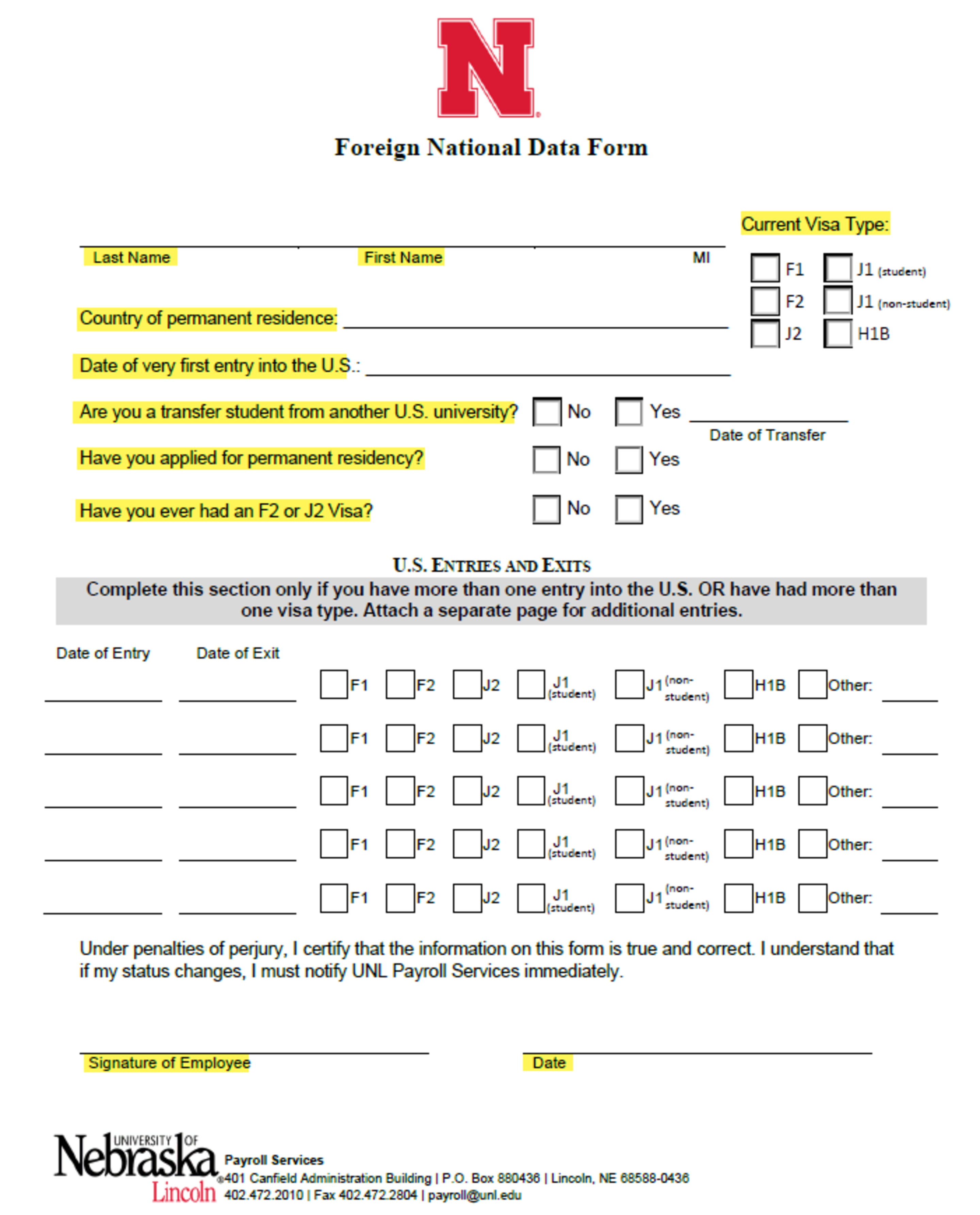 Foreign National Data Form | Business Central | Nebraska