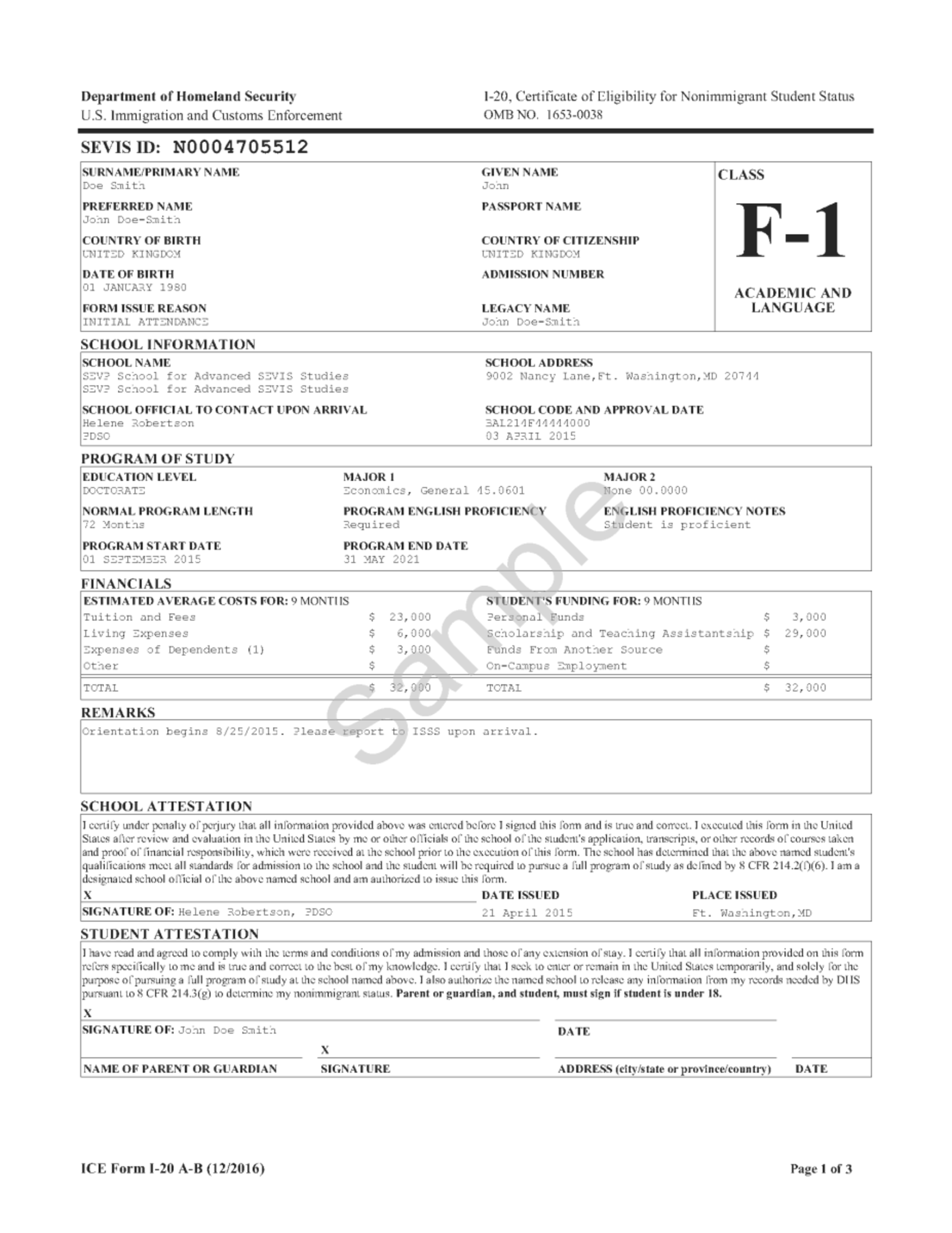 Form I-20, Certificate of Eligibility for Student Status | Business ...
